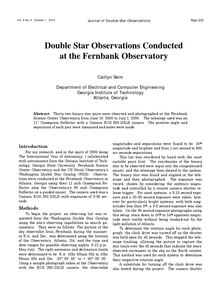 Double Star Observations Conducted at The Fernbank ... | PDF | Stars ...