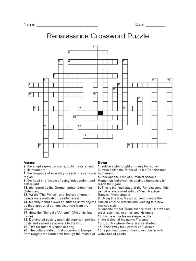 Renaissance Crossword Puzzle | PDF | Renaissance | Humanism