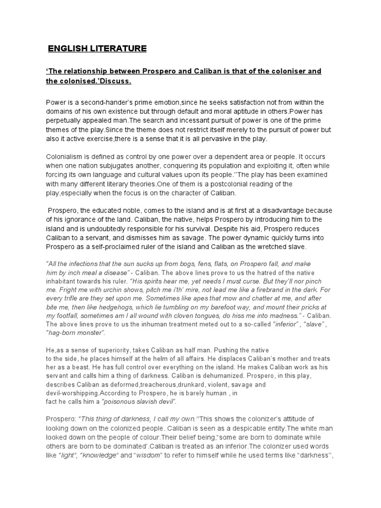 English Literature: The Relationship Between Prospero and Caliban Is ...