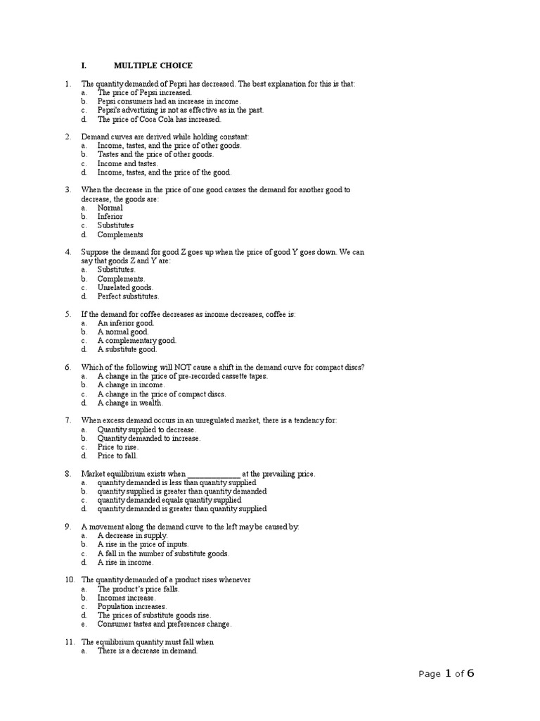 I. Multiple Choice | PDF | Demand | Supply (Economics)