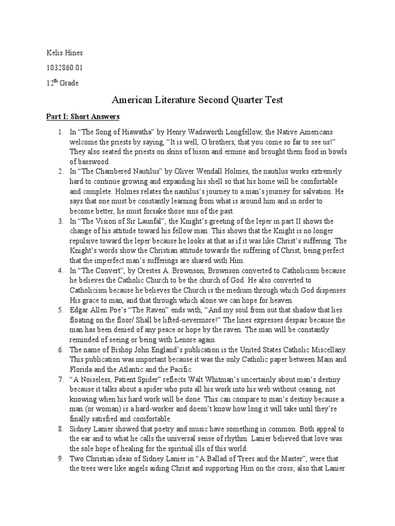 12th Grade American Literature Test | PDF | Religion & Spirituality