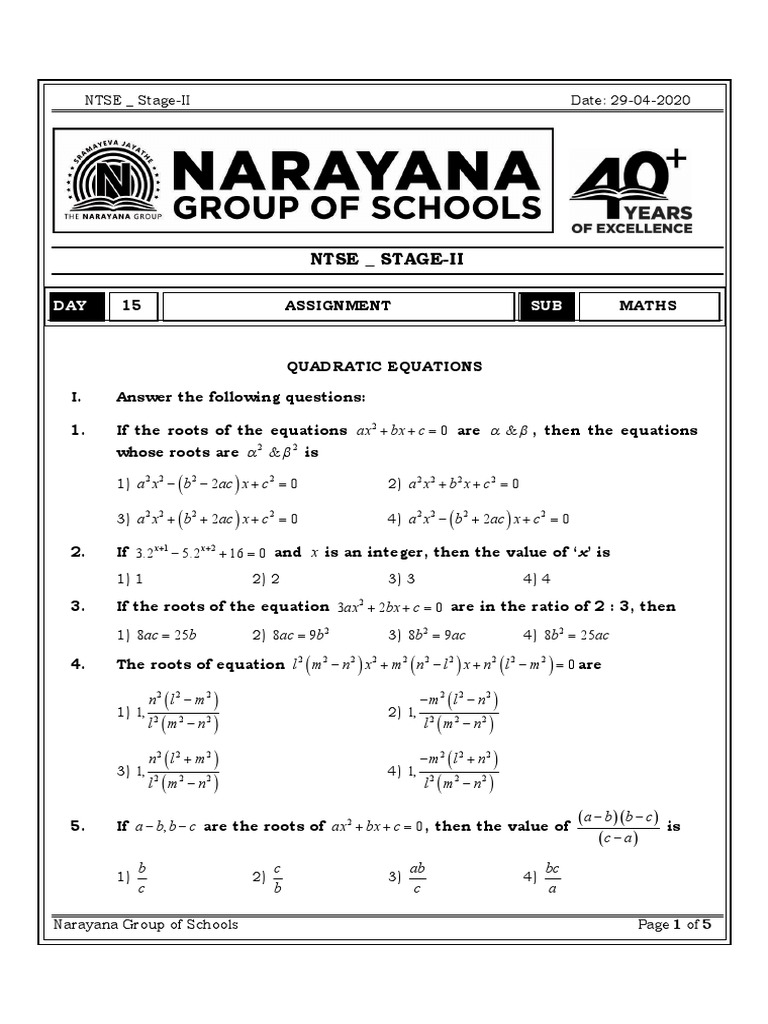 (Assignment Day 15) $$ (Mathematics) $$ (Quadratic Equations) $$ (30) $$ | PDF | Quadratic ...