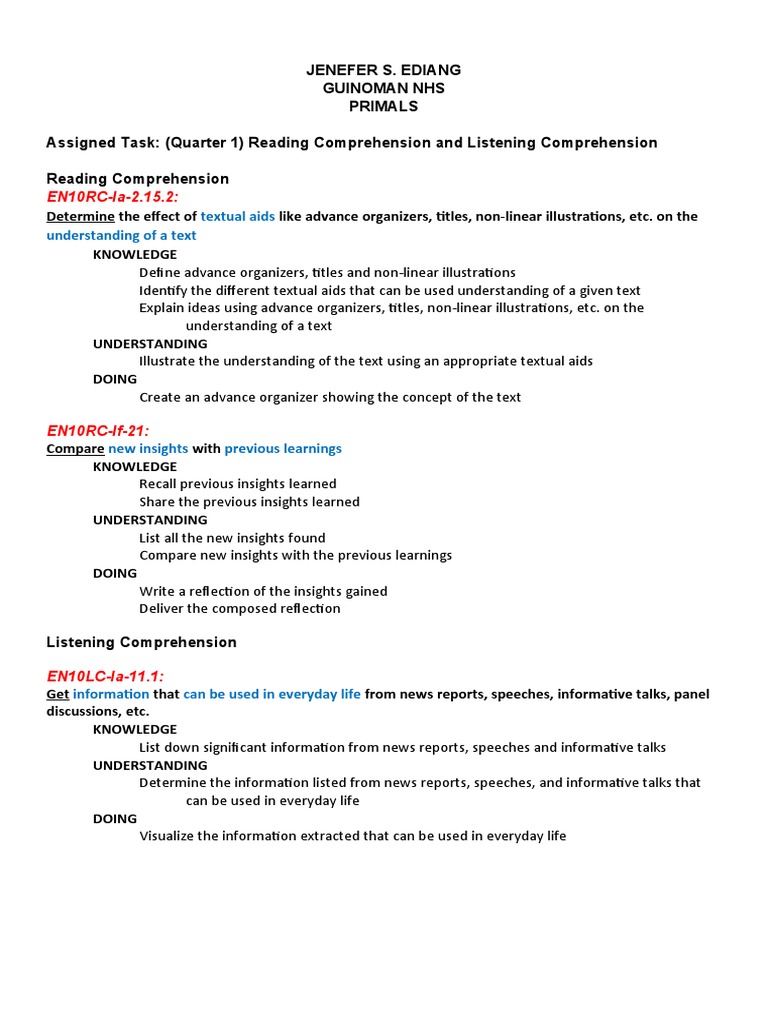 Unpacked RC and LC, G10-Q1 | PDF | Reading Comprehension | Discourse