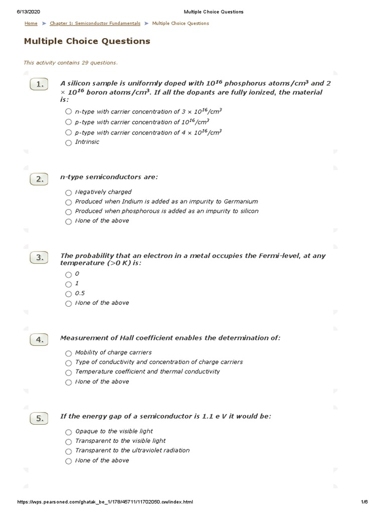 Multiple Choice Questions: This Activity Contains 29 Questions | PDF | Semiconductors | Doping ...