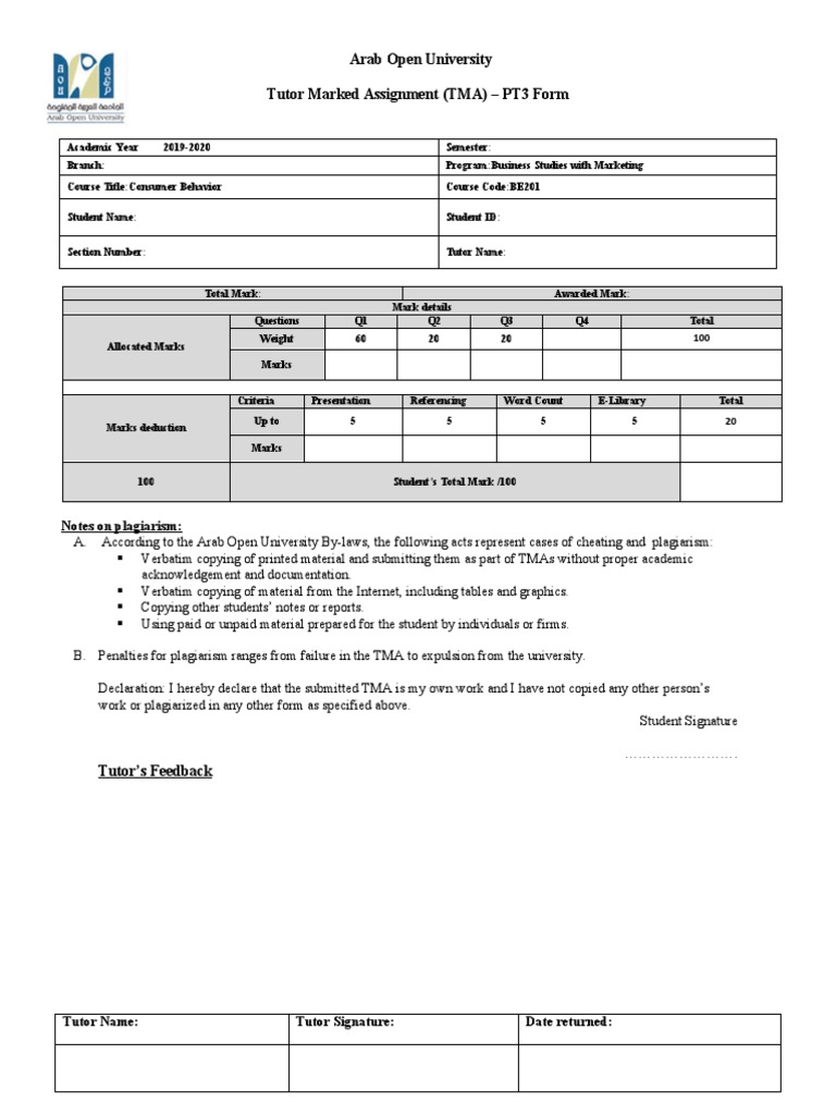 Arab Open University Tutor Marked Assignment (TMA) - PT3 Form ...