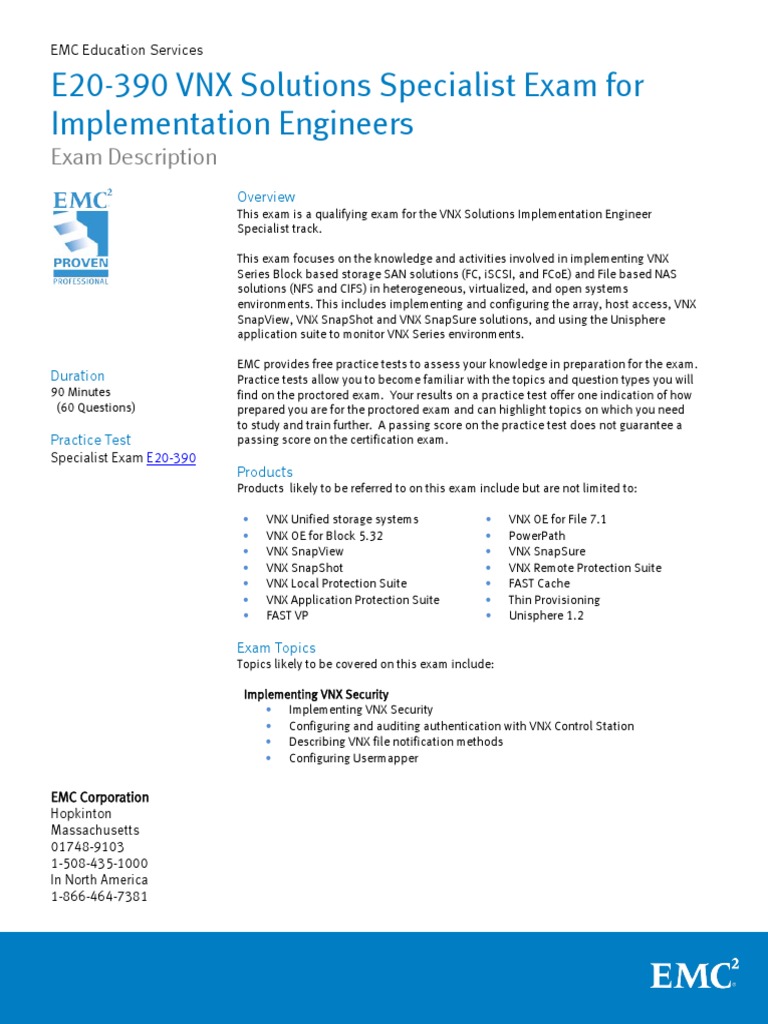 E20-390 VNX Solutions Specialist Exam For Implementation Engineers ...