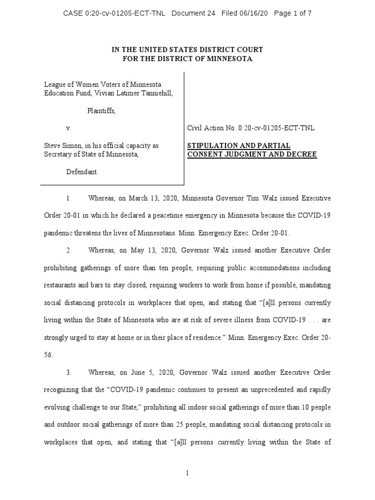 Minnesota Absentee Voting Consent Decree | PDF | Consent Decree ...