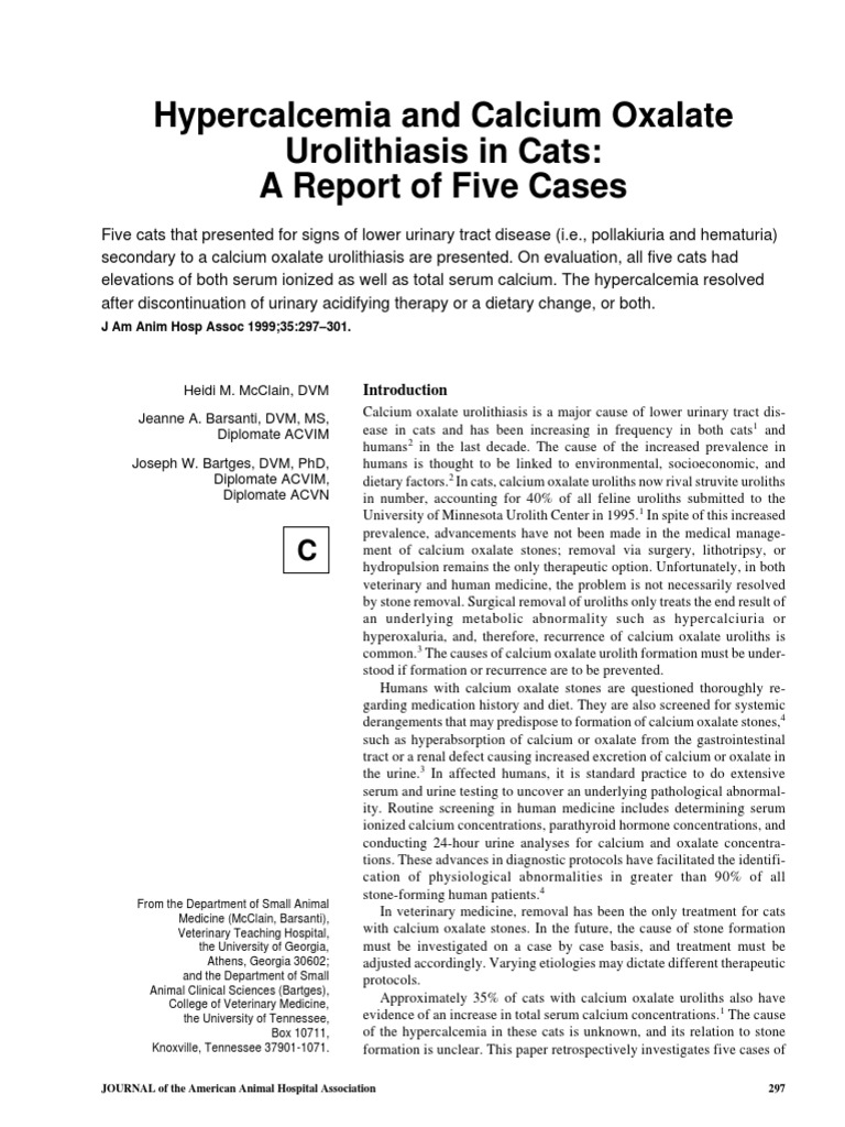 Hypercalcemia and Calcium Oxalate Urolithiasis in Cats: A Report of ...