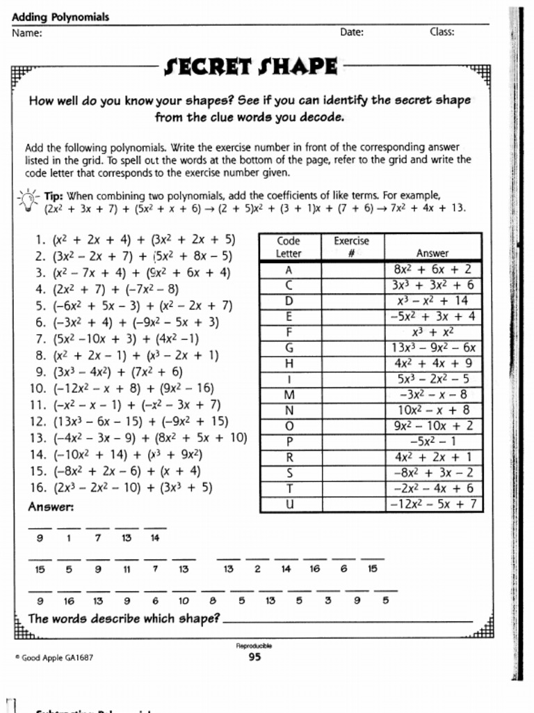 Adding Subtracting Polynomials Puzzle | PDF