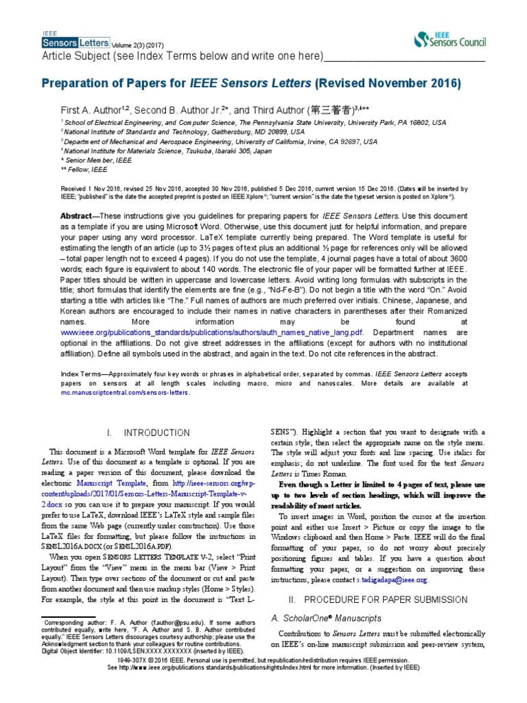 Preparation of Papers For IEEE Sensors Letters (Revised November 2016) | PDF | Page Layout | Acronym