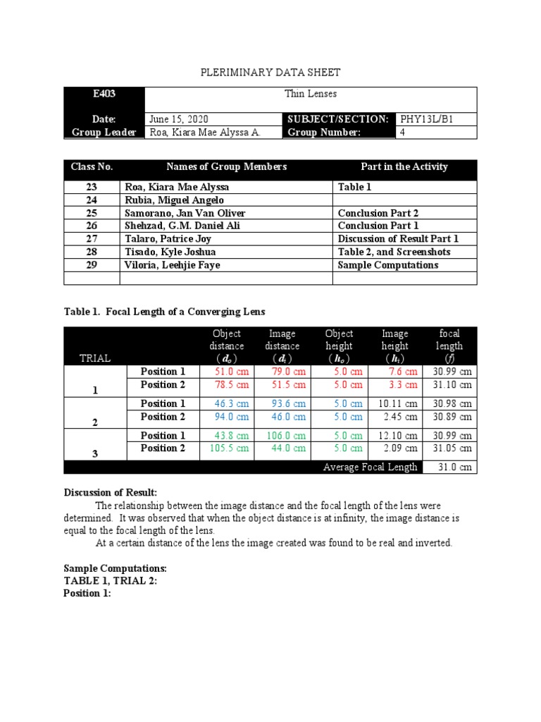 Preliminary Data Sheet on Thin Lenses: Focal Length Determination ...