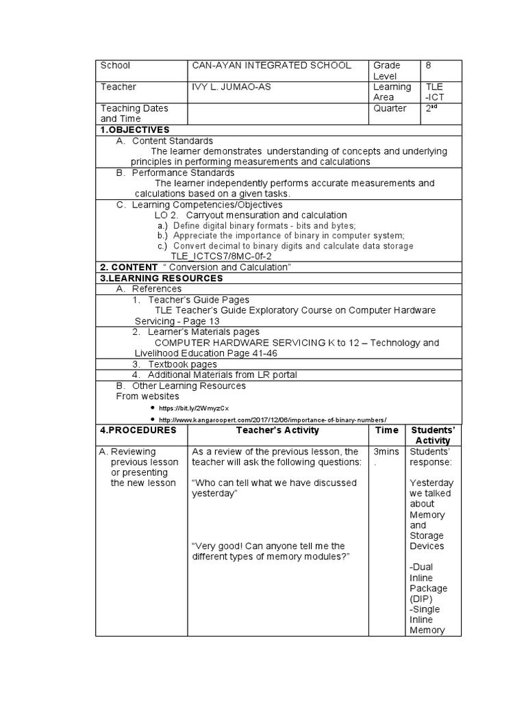 Grade 8 TLE-ICT Mensuration Lesson Plan | PDF | Bit | Computer Data Storage