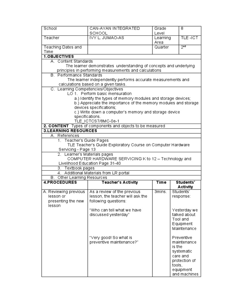 Lesson 5 DLP Grade 8 Tle-Ict (Perform Basic Mensuration) | PDF ...