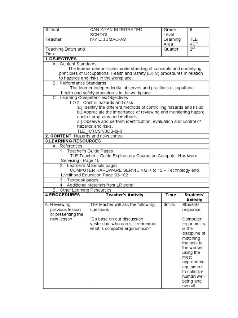 Lesson 7 DLP Grade 8 Tle-Ict (Control Hazard and Risks) | PDF ...