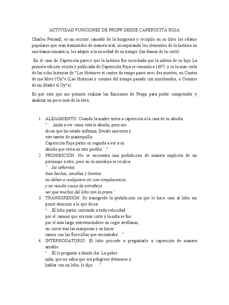 Actividad Funciones de Propp Desde Caperucita Roja | PDF | Caperucita Roja