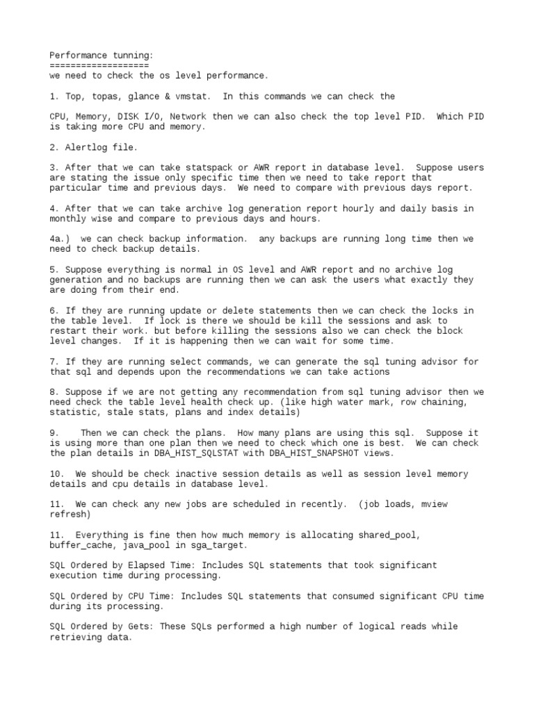 Performance Tunning Steps | PDF | Backup | Databases