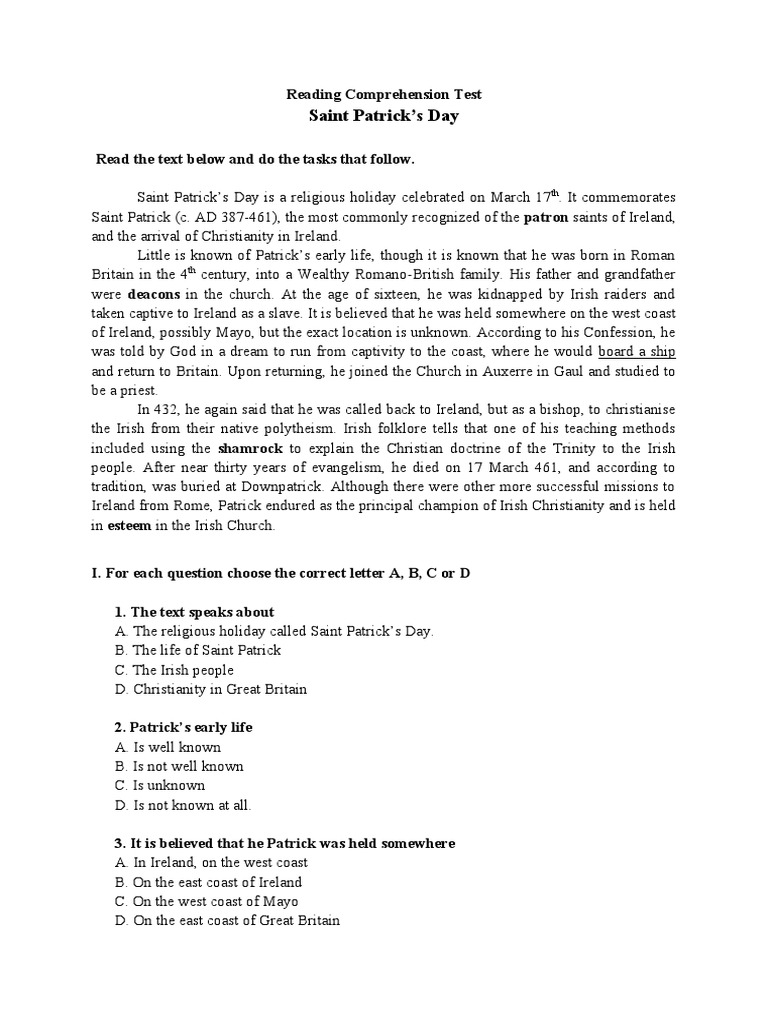 Saint Patrick's Day: Reading Comprehension Test | PDF | Saint Patrick ...