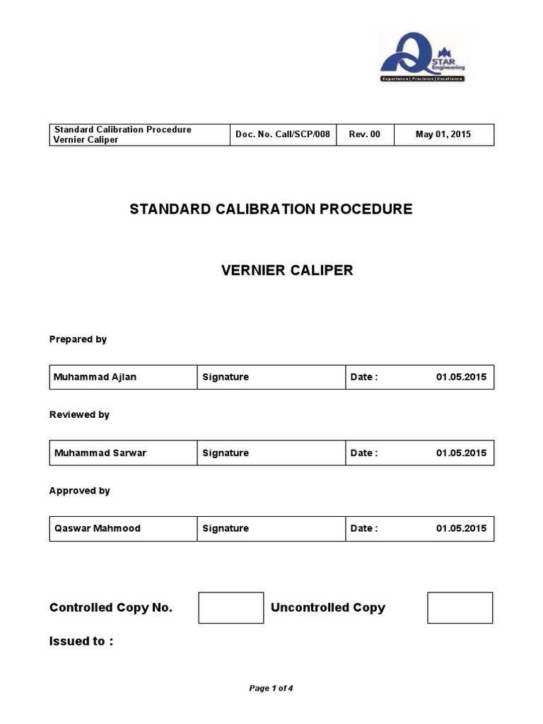 Standard Calibration Procedure Vernier Caliper Doc. No. Call/SCP/008 ...