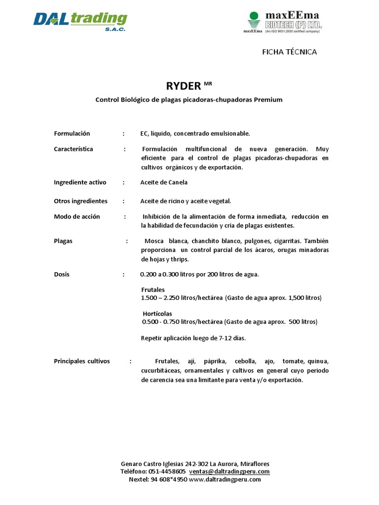Ryder - Ficha Tecnica PDF | PDF | Control biológico de plagas | Plaga ...