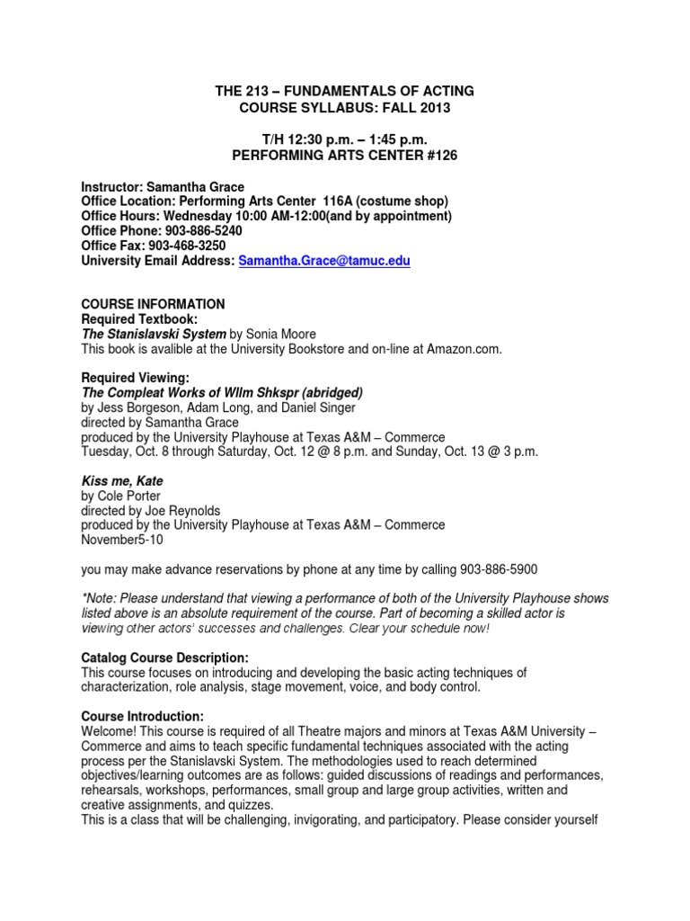 THE 213 - Fundamentals of Acting Course Syllabus: Fall 2013 T/H 12:30 P ...