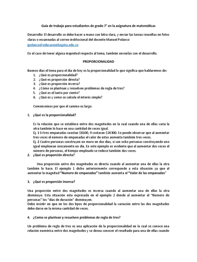 Guia Proporcionalidad Grado 7 - Manuel Polanco | PDF | Interés | Matemática Elemental
