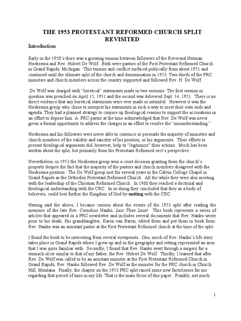 The 1953 Protestant Reformed Church Split Revisited | PDF | Calvinism ...
