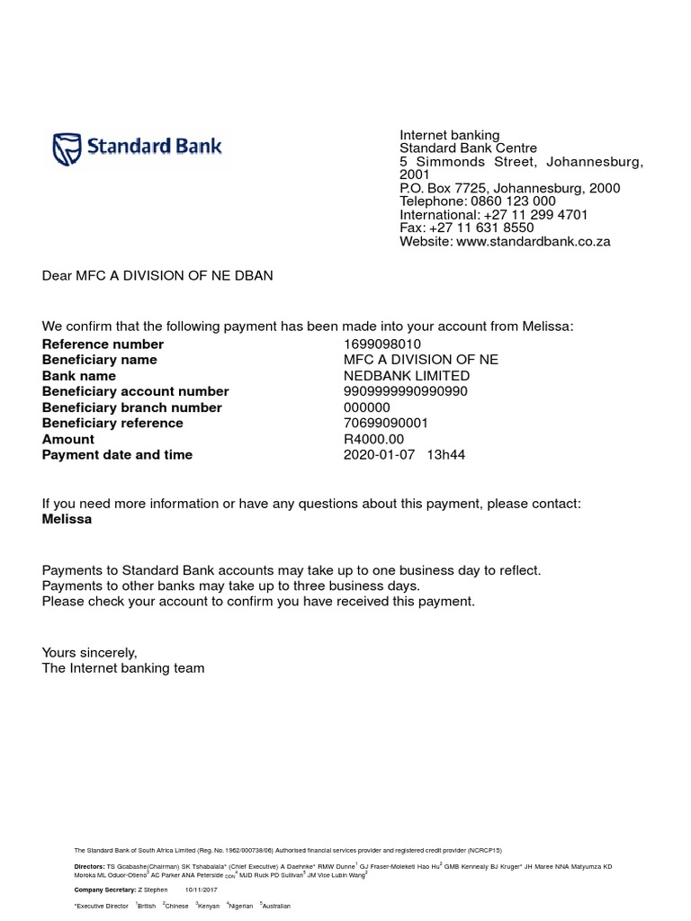 Standard Bank internet banking payment confirmation | PDF | Banks ...