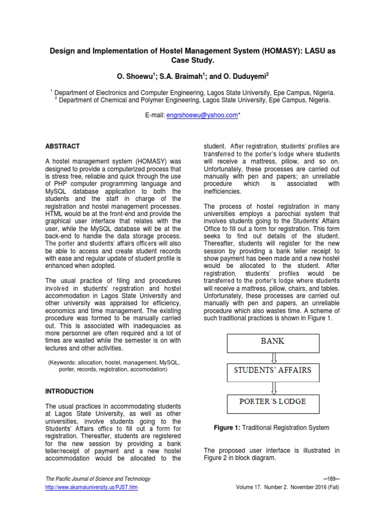 Design and Implementation of Hostel Management System (HOMASY) : LASU As Case Study | PDF | Html ...