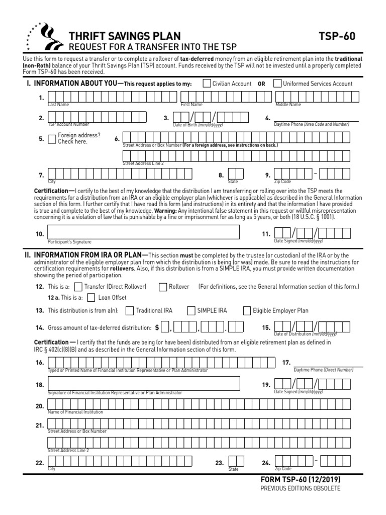 Thrift Savings Plan TSP-60: Request For A Transfer Into The TSP | PDF ...