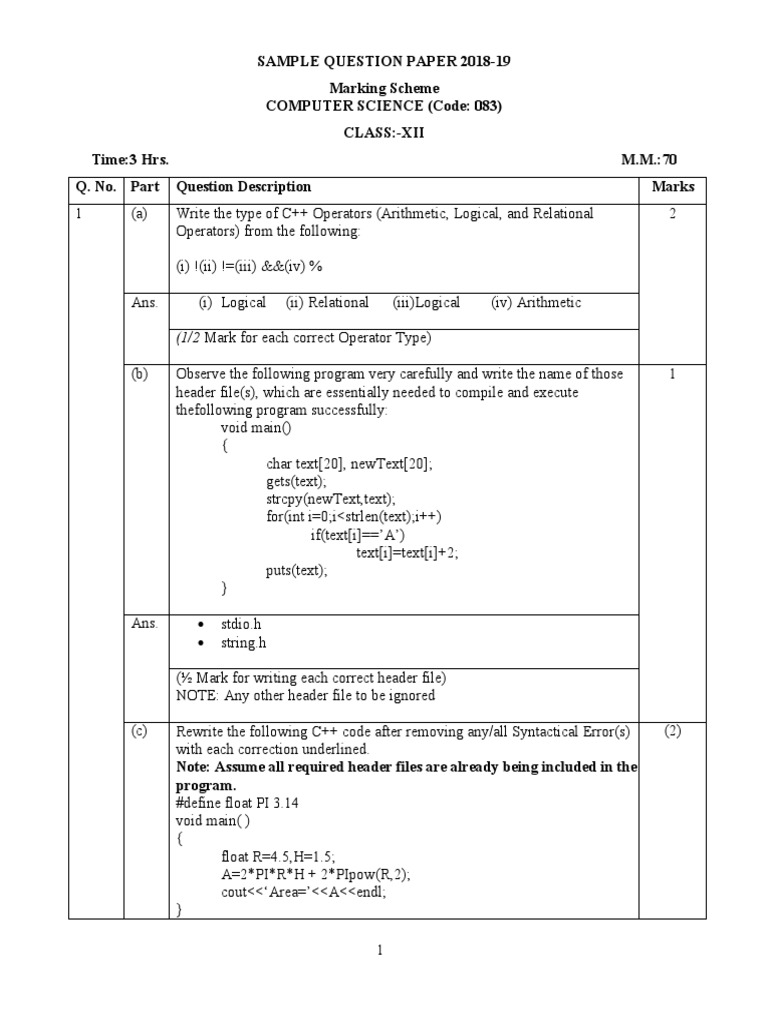 Sample Question Paper 2018-19 Marking Scheme Computer Science (Code: 083) Class:-Xii Time:3 Hrs ...