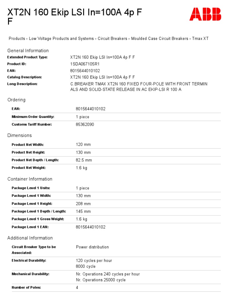 XT2N 160 Ekip LSI in 100A 4p F F: General Information | PDF | Electric Power Distribution ...