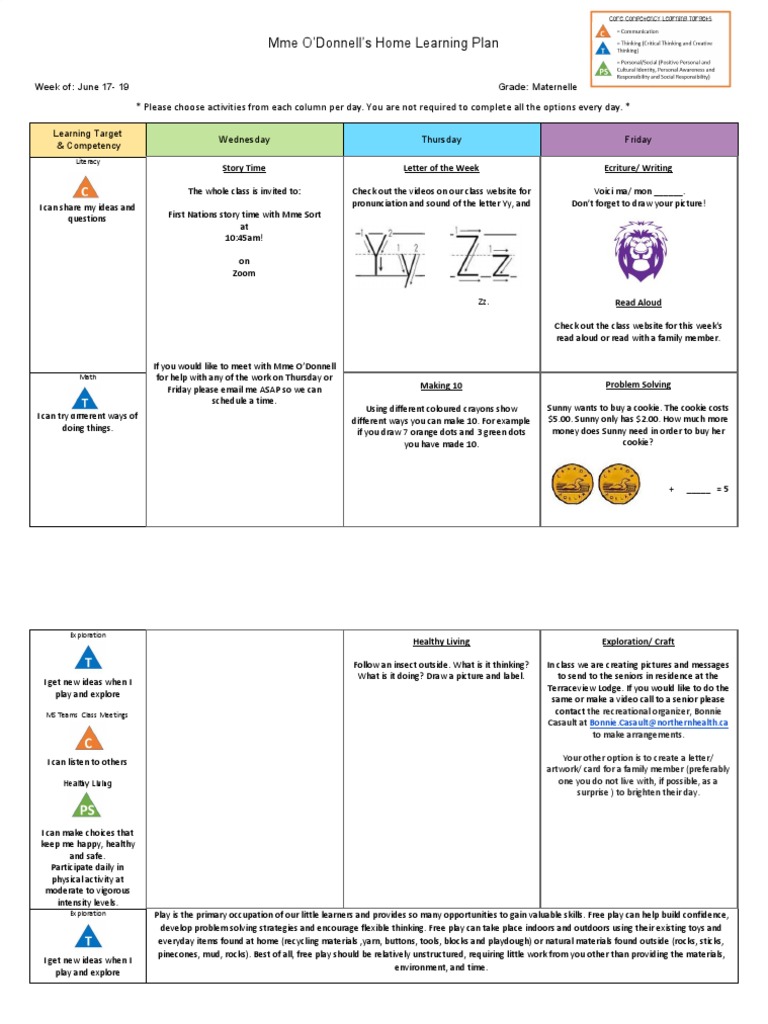 June 17-19 2020 Home Learning Choice Board - Core Competencies | PDF ...