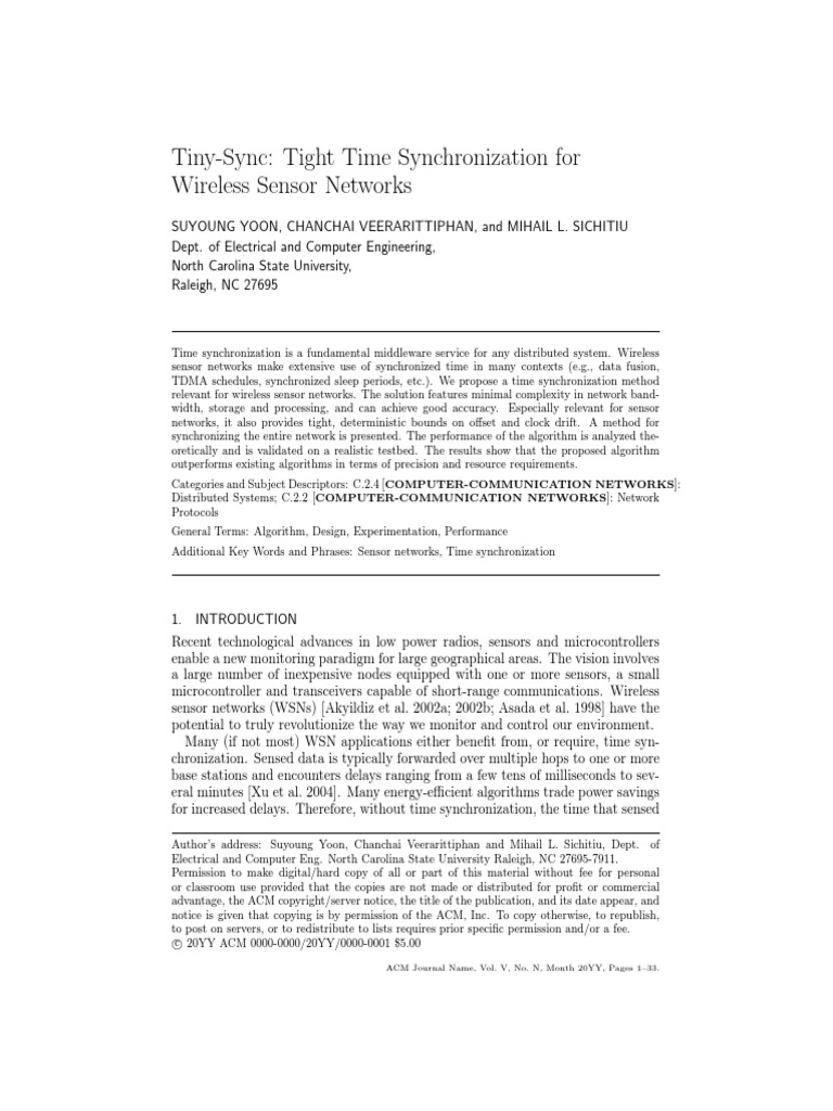 Tiny-Sync: Tight Time Synchronization For Wireless Sensor Networks | PDF | Wireless Sensor ...
