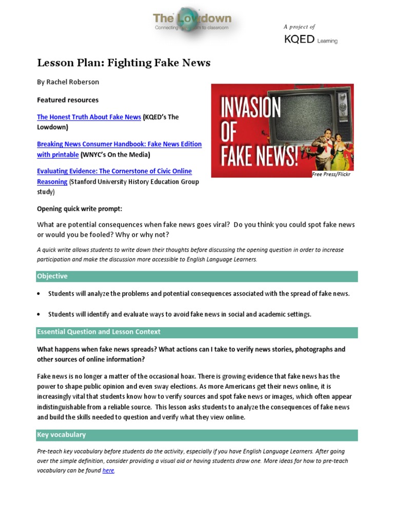 Lesson Plan: Fighting Fake News: by Rachel Roberson | PDF | News ...