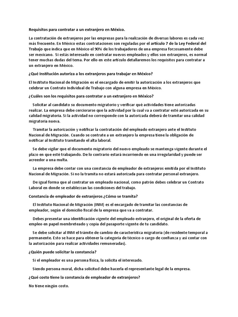 Requisitos Para Contratar A Un Extranjero En México Pdf México