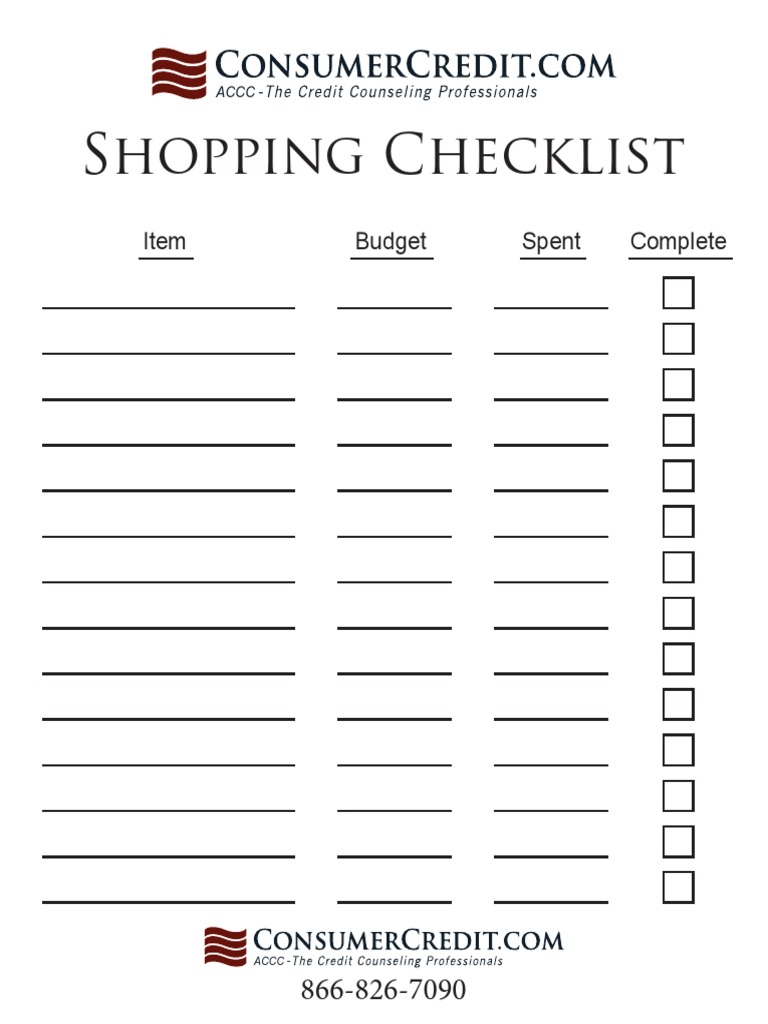 Shopping Checklist: Item Spent Budget Complete | PDF