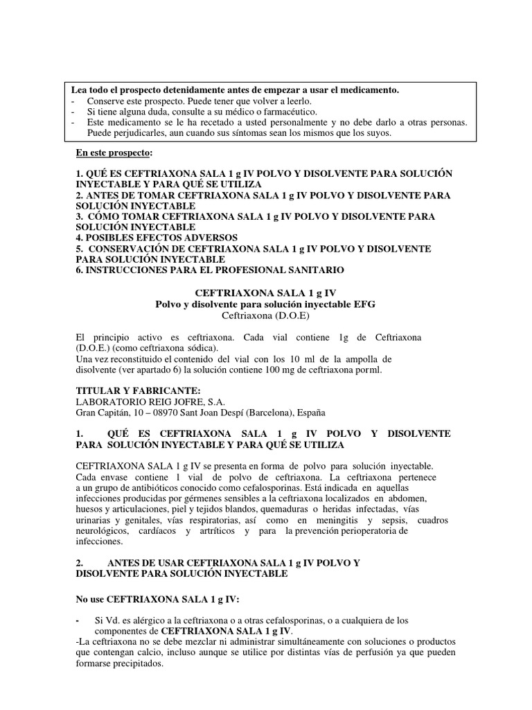 Ceftriaxona Sala 1 G Iv Polvo y Disolvente para Solución Inyectable EFG ...