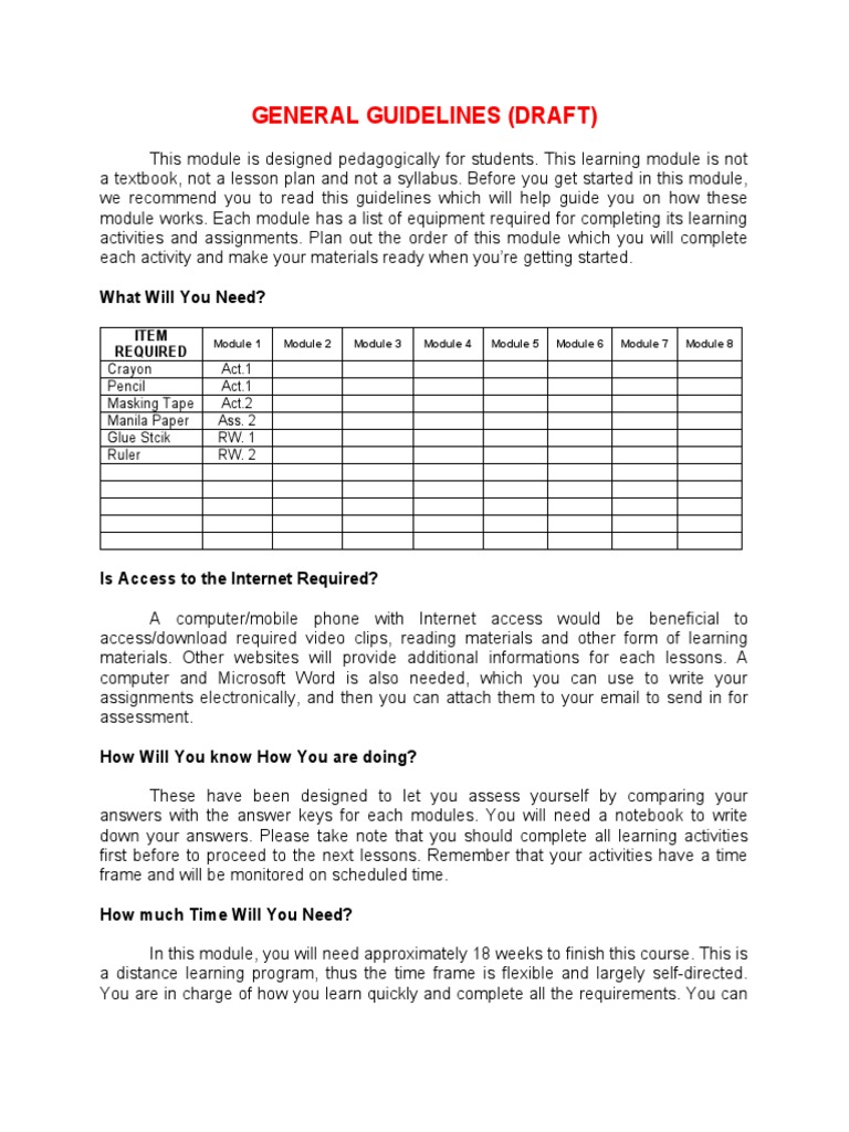 General Guidelines (Draft) : What Will You Need? | PDF | Learning ...