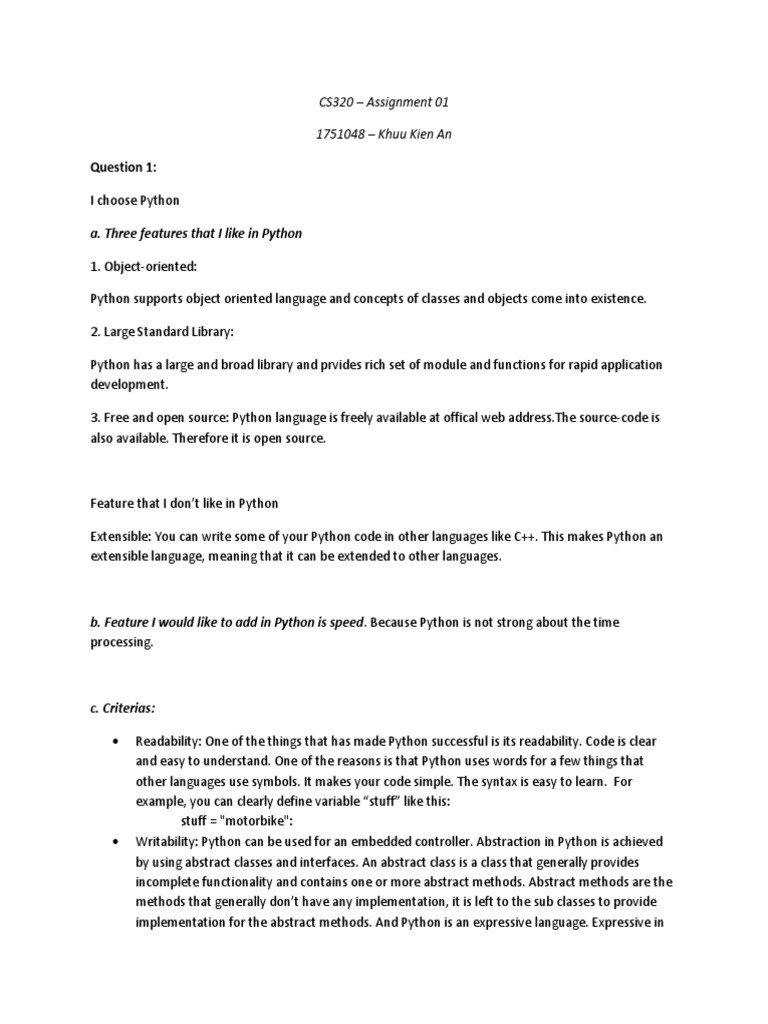 A. Three Features That I Like in Python: CS320 - Assignment 01 1751048 - Khuu Kien An | PDF ...