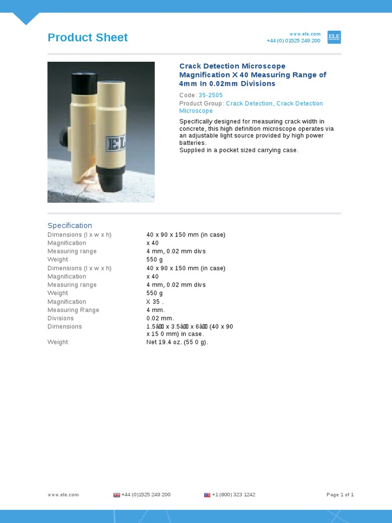 Product Sheet: Crack Detection Microscope Magnification X 40 Measuring ...