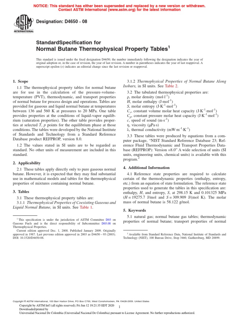 ASTM D4650 - 08 Standard Specification For Normal Butane Thermophysical Property Tables | PDF ...