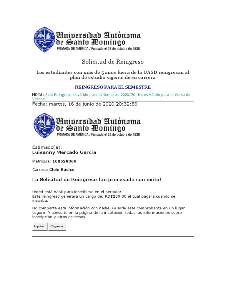 Solicitud de Reingreso | PDF