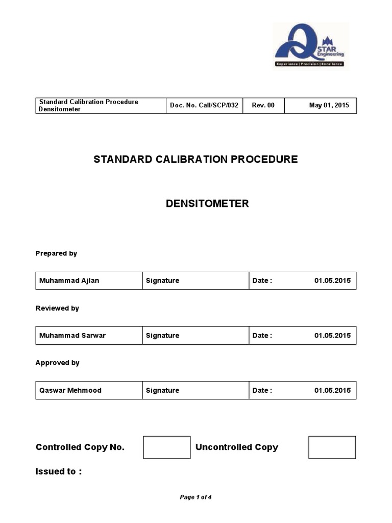 Standard Calibration Procedure for Densitometer Outlining Calibration ...