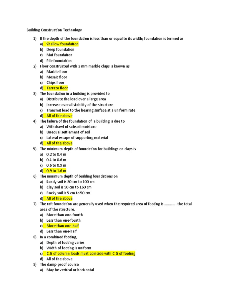 Building Construction Technology Questions | PDF | Concrete ...