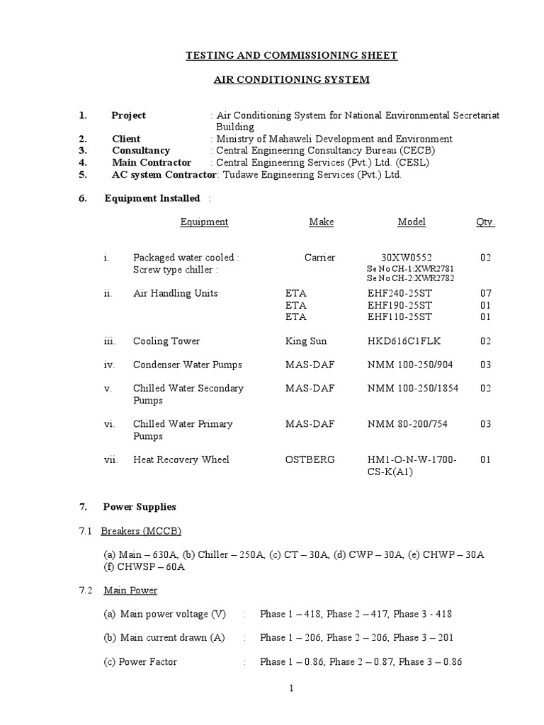 Testing and Commissioning Sheet For HVAC | PDF | Pump | Machines