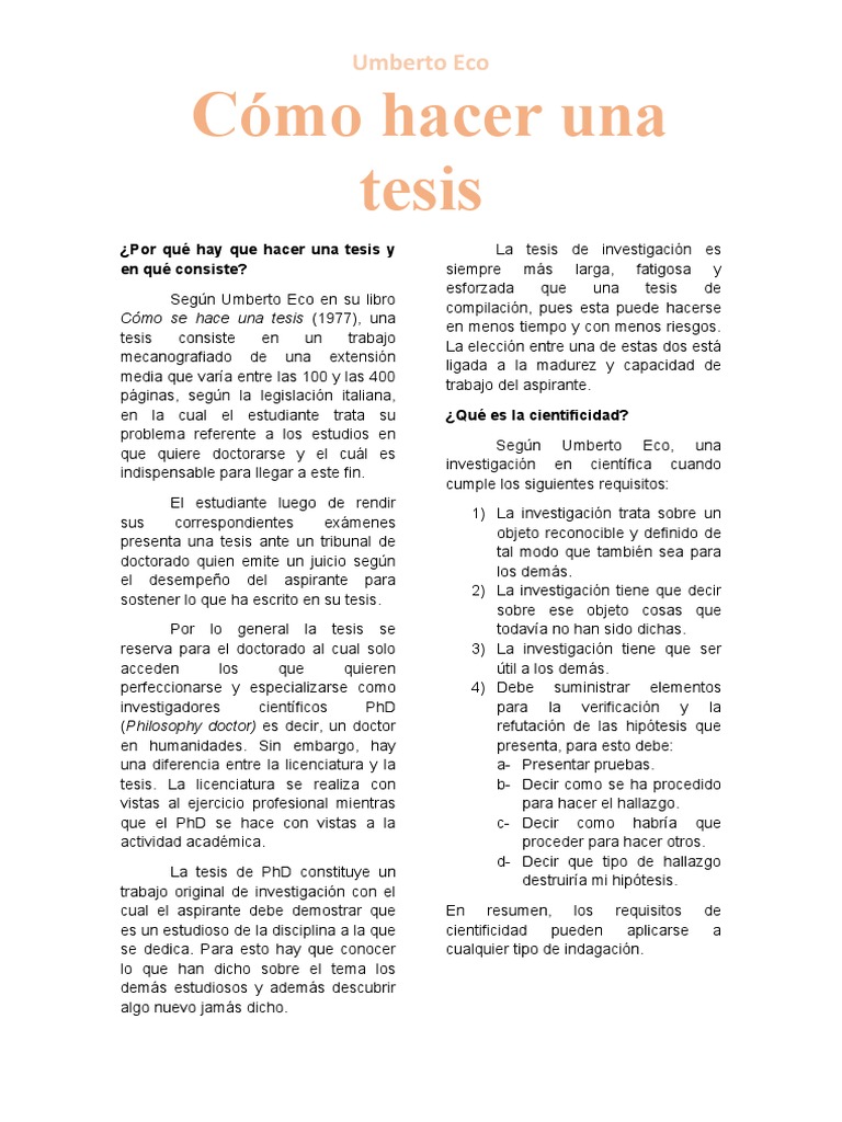 Qué Es Una Tesis de Umberto Eco | PDF | Doctorado | Hipótesis