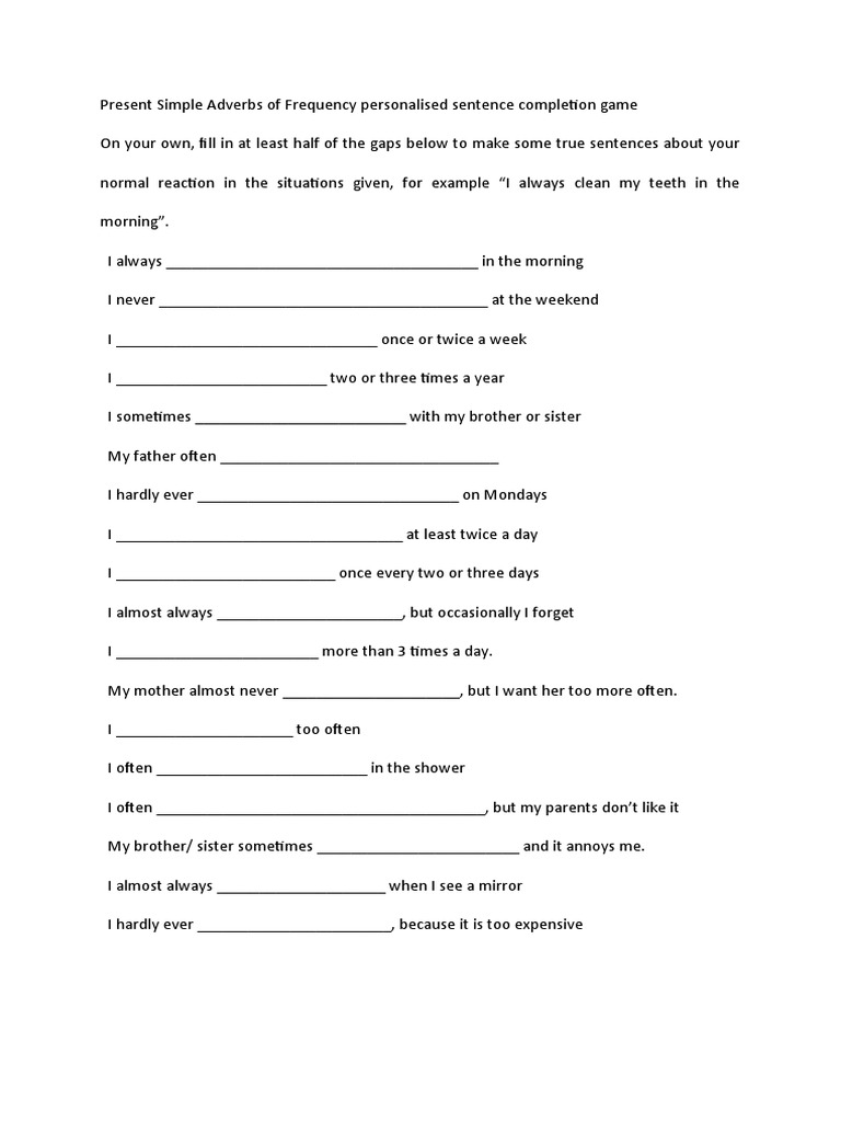 Present Simple Adverbs of Frequency Personalised Sentence Completion ...