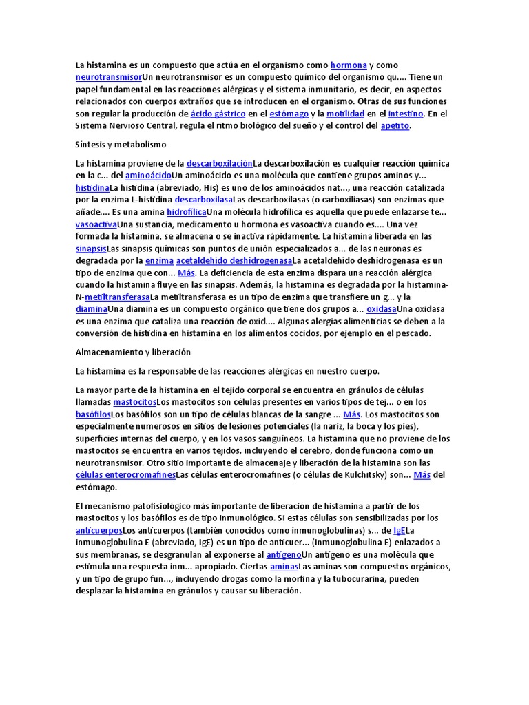 La Histamina Es Un Compuesto Que Actúa en El Organismo Como Hormona y ...