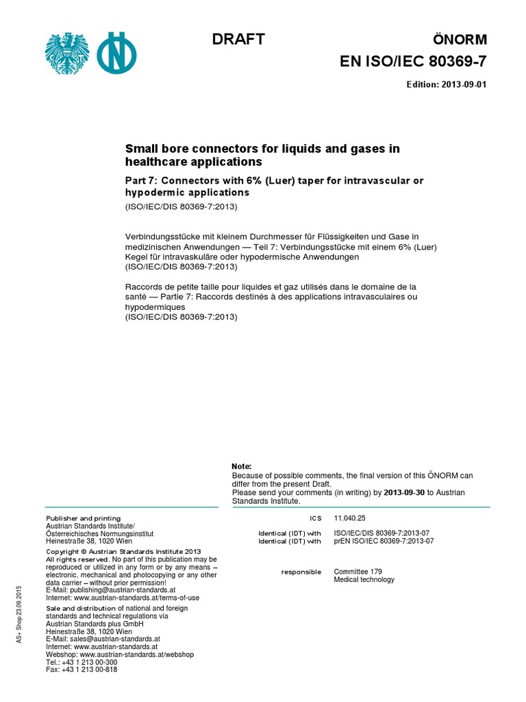 ISO 80369-7 2013 Small-Bore Connectors - Draft Introduction PDF | PDF ...