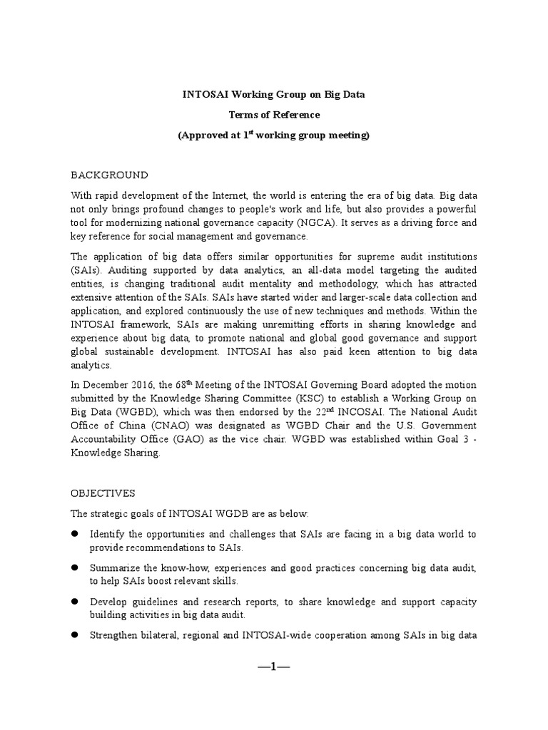 INTOSAI Working Group On Big Data Terms of Reference (Approved at 1 ...